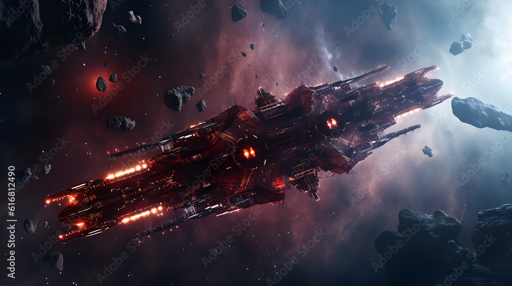 colossal spaceship approaching a distant planet, filled with myriad ...