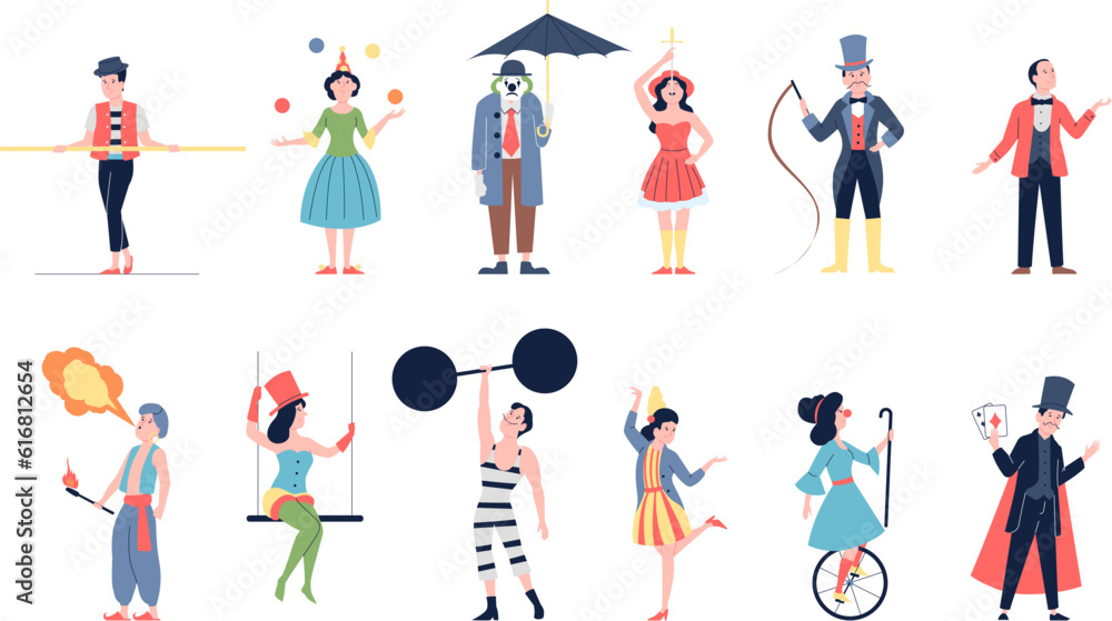 Circus artist flat characters. Acrobat and clown, magic carnival ...