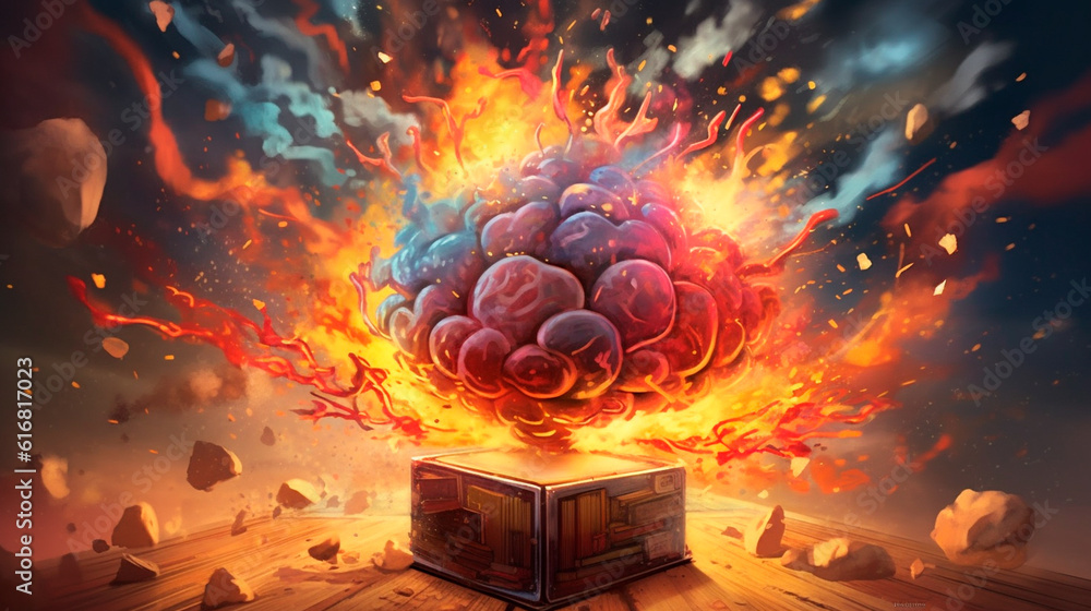 Concept art of a human brain exploding with knowledge and creativity ...