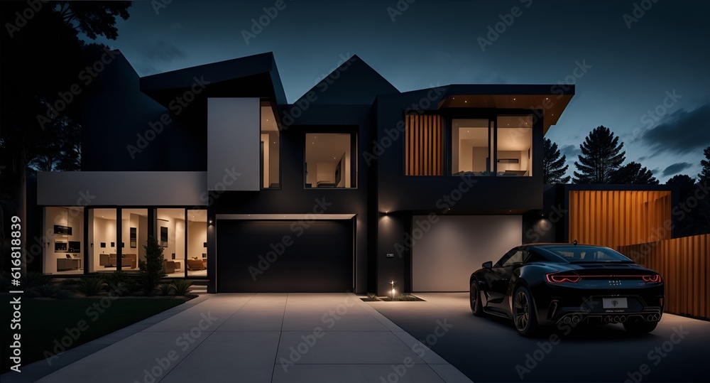 Photo of a parked car in front of a suburban house at night Stock ...