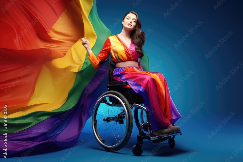 Queer disabled, lesbian in rainbowcolours in wheelchair at gay pride ...