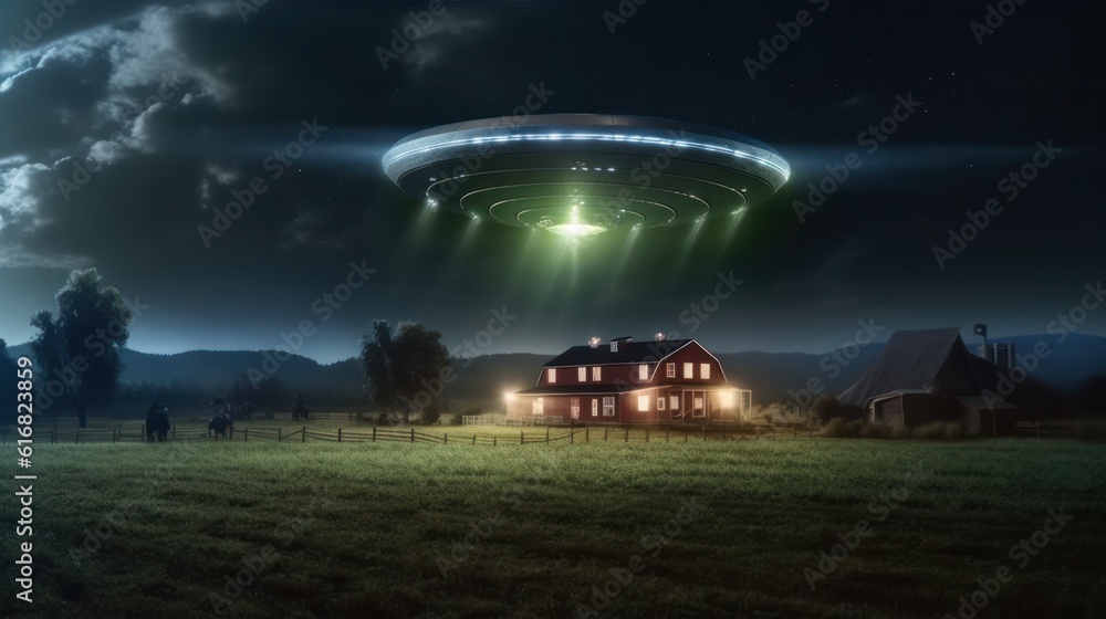 UFO, an alien spaceship with a beam of light hovered above a farmhouse ...