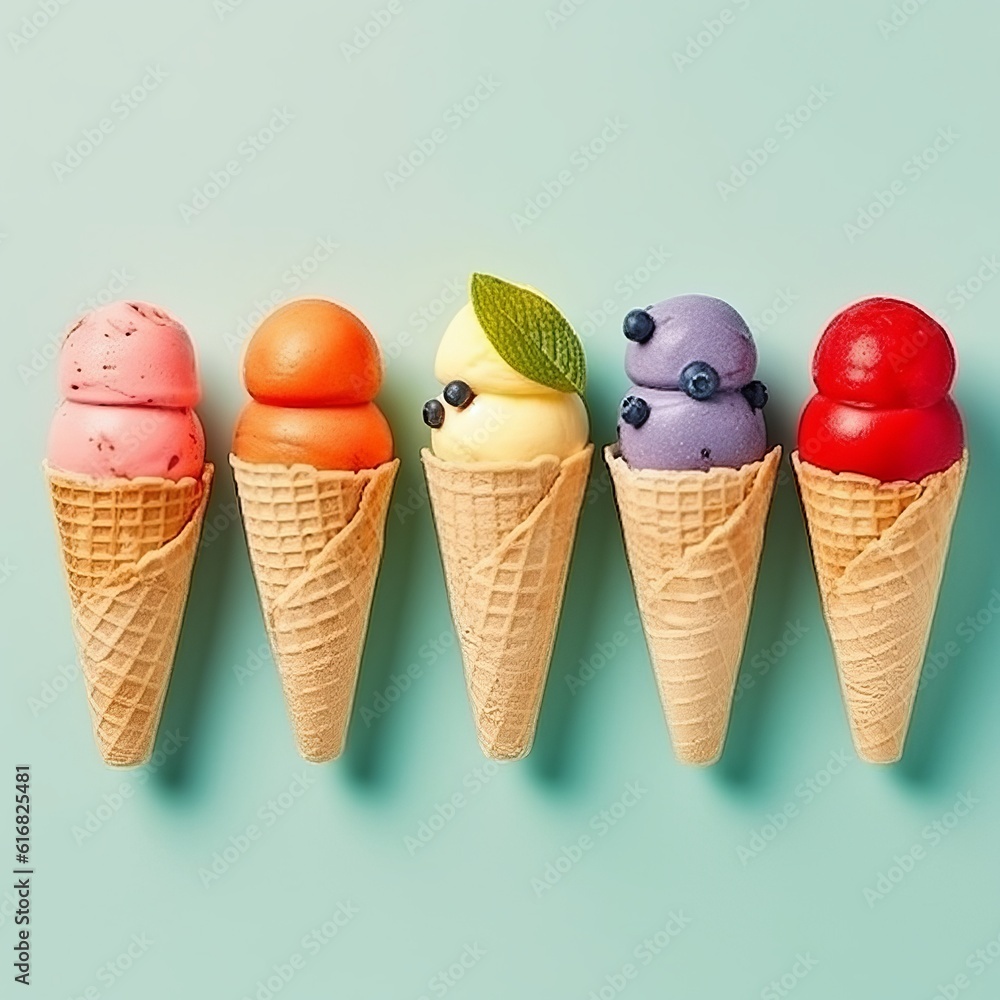 Soft ice cream in a waffle cone with fruits and berries, different ...