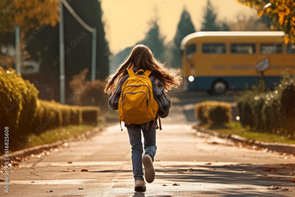 School children wearing backpacks walk towards a school bus to take ...