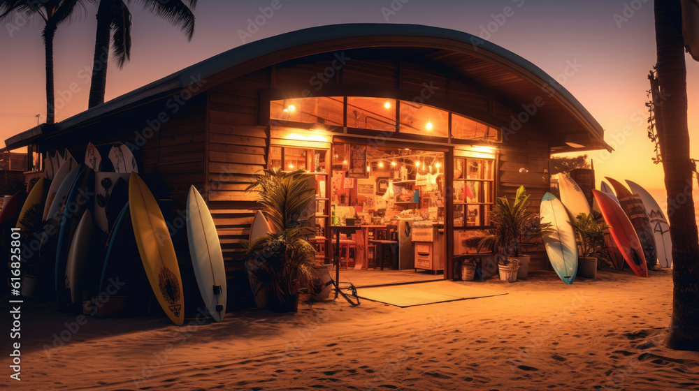 Surf shop on the beach with epic background Stock Illustration | Adobe Stock
