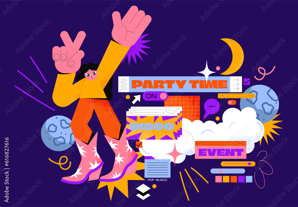 Disco party cartoon retro 90s frame tabs. Groovy characters. Memphis ...