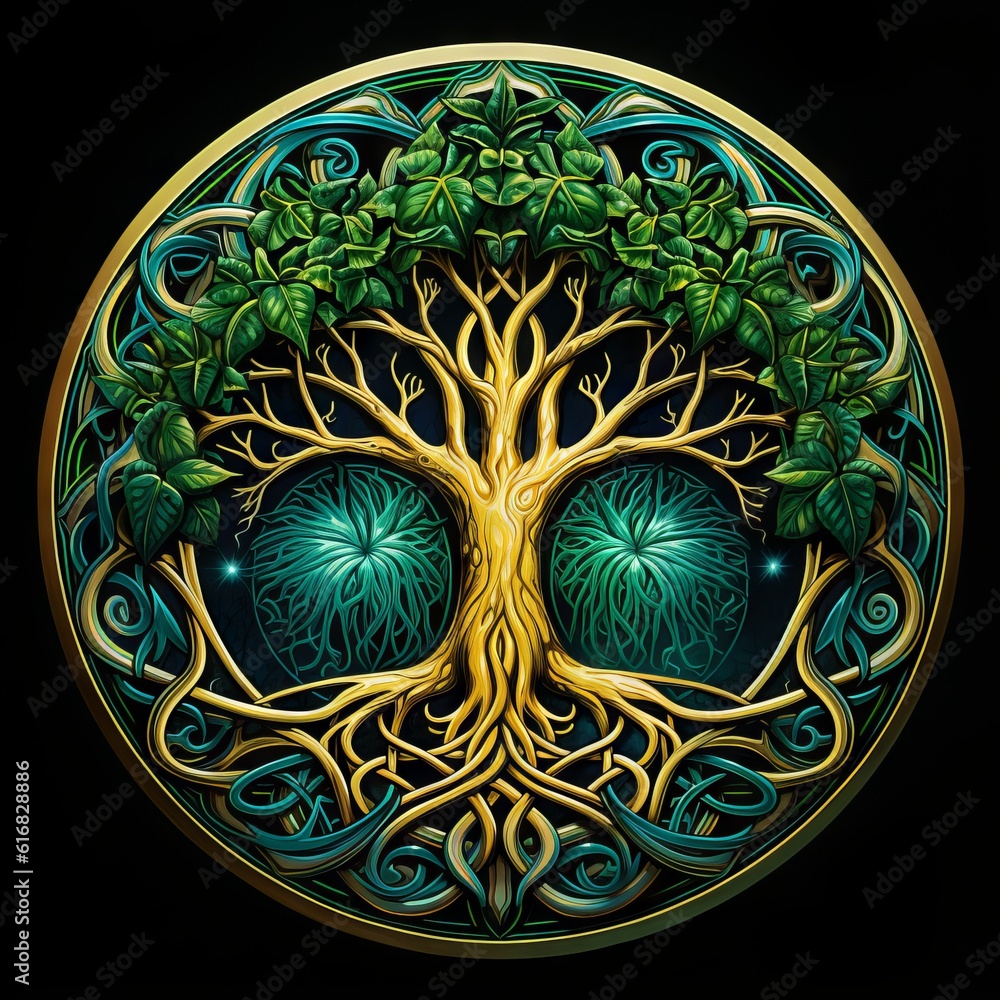 Celtic tree of life and death symbol in vivid emerald colors on dark ...