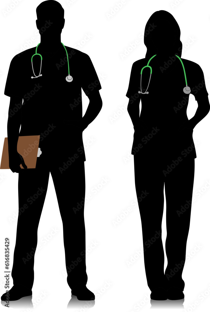 Silhouettes of healthcare workers. Happy smiling doctors with a ...