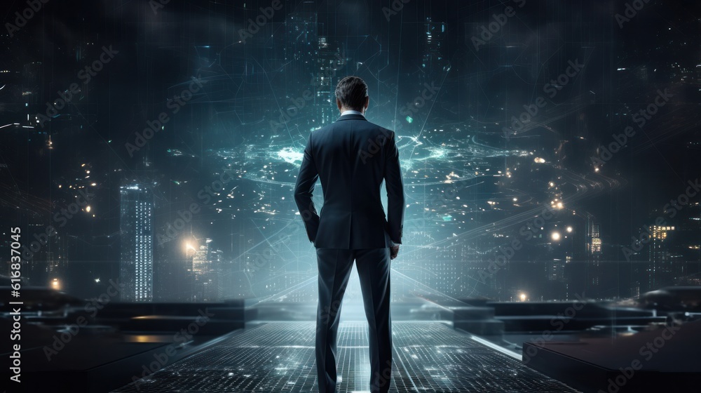 Back view of businessman looking at high-tech sensor circuit board ...