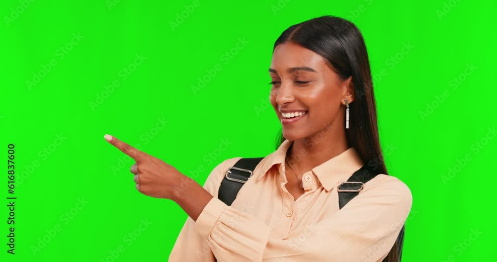 Green screen, happy girl or portrait of student pointing school list ...