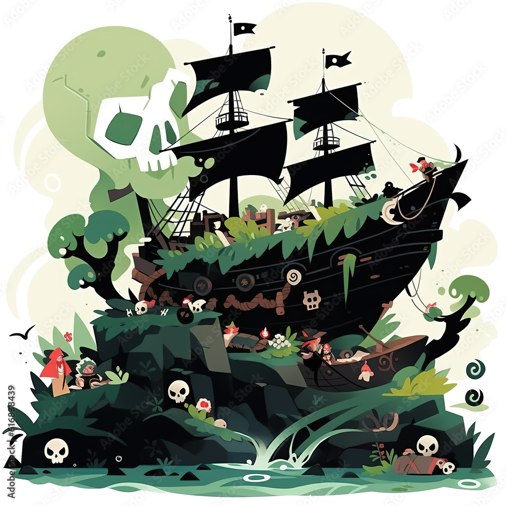 marooned pirate ship, death and stagnation, vector illustration Stock ...