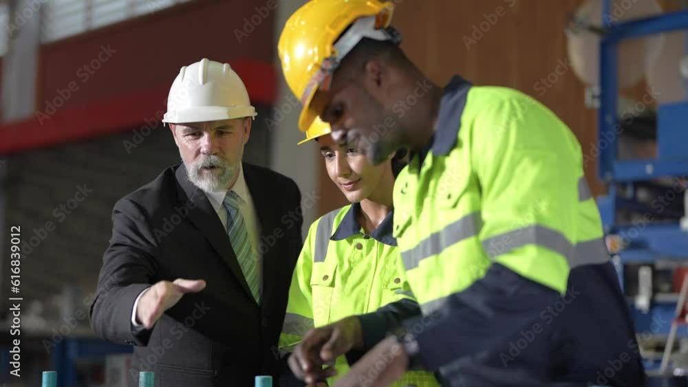 Senior boss manager inspecting with staff engineers woman and African ...