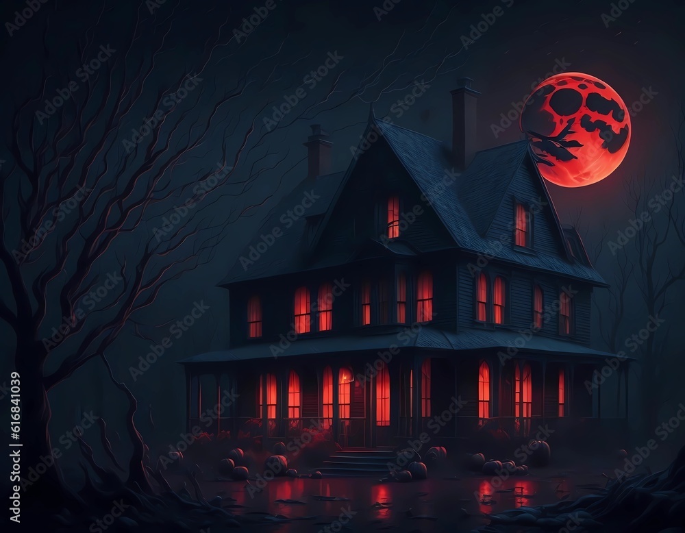 horror on halloween, big terrorific mansion with red and black colors ...