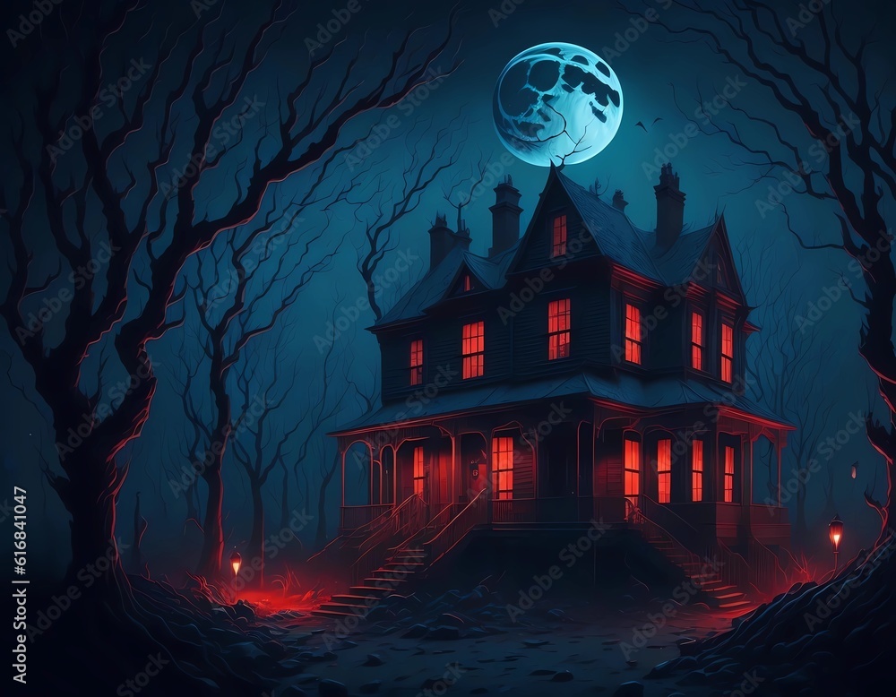 Illustrazione Stock scary house on halloween, tenebrous red lights ...
