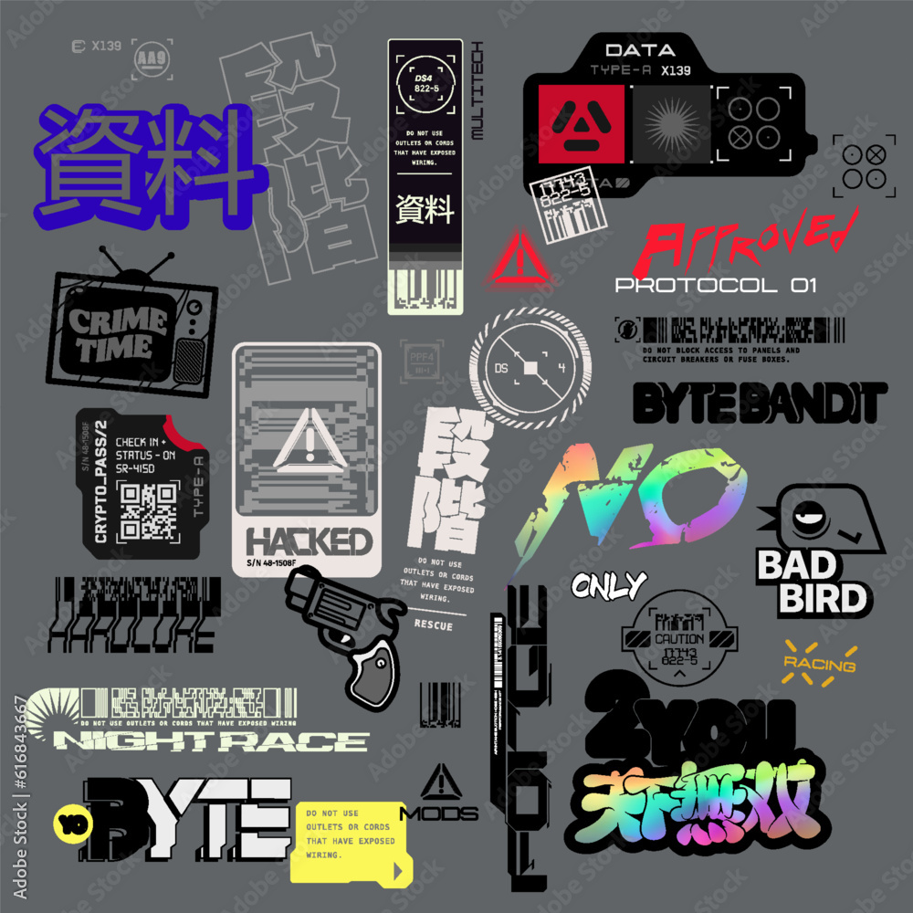 Cyberpunk decals set. Set of vector stickers and labels in futuristic ...