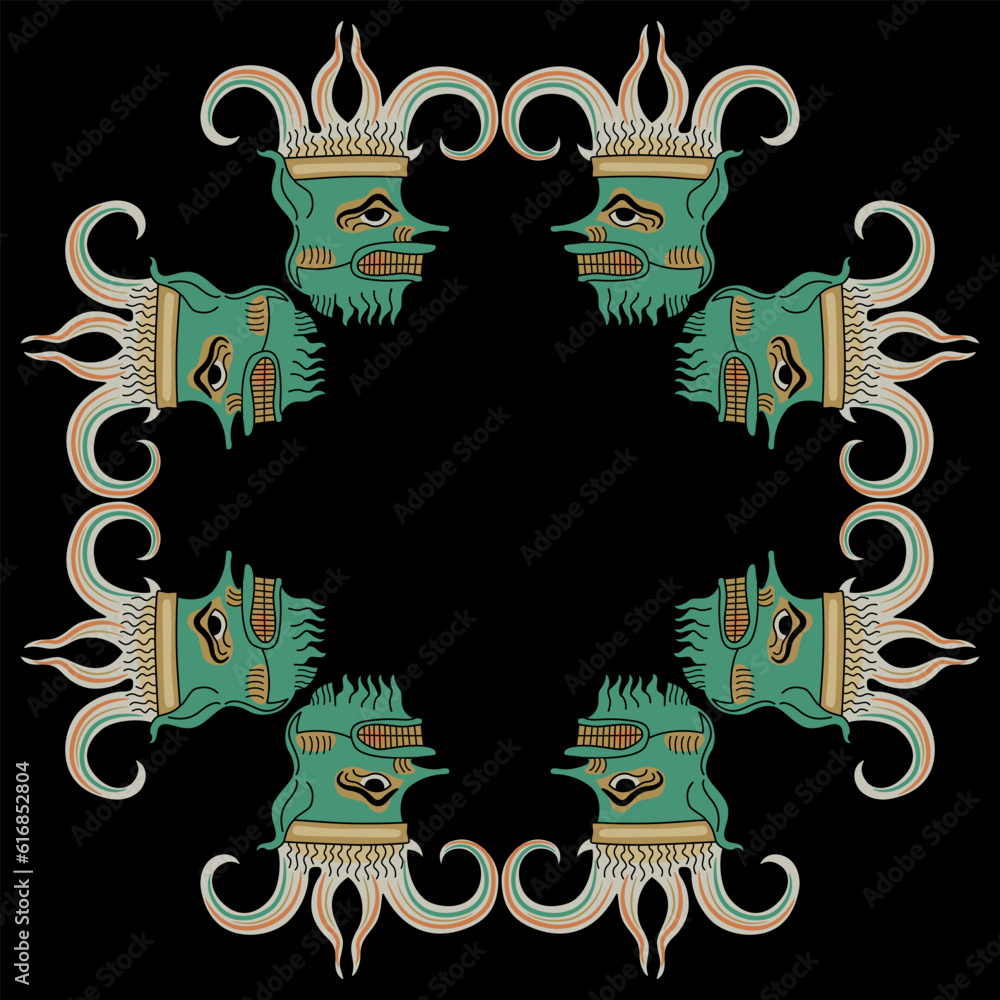 Square frame or ornament with heads of medieval monster demons with ...