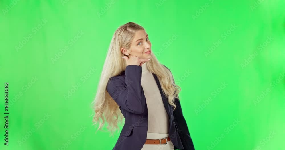 Green screen, woman face and call me hand sign in studio for ...