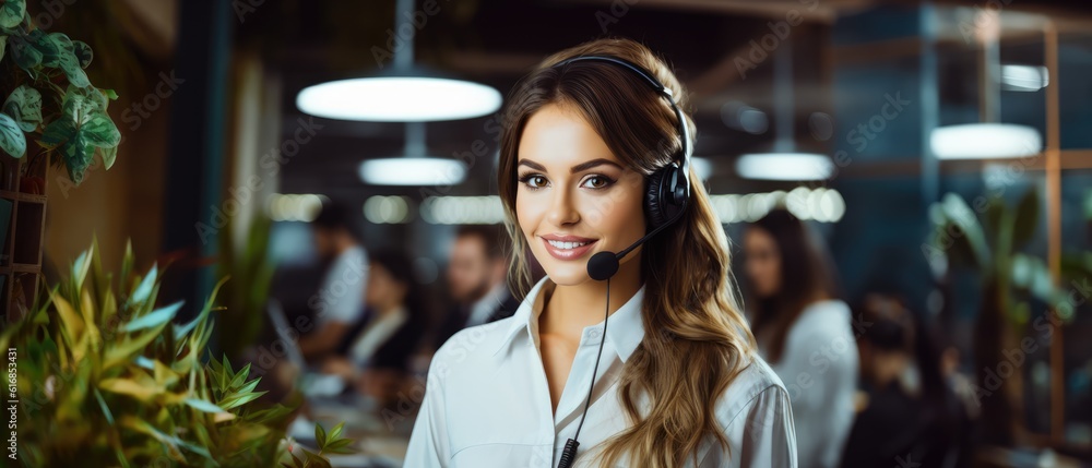 Call center, young woman and smile in contact us with CRM, headset with ...