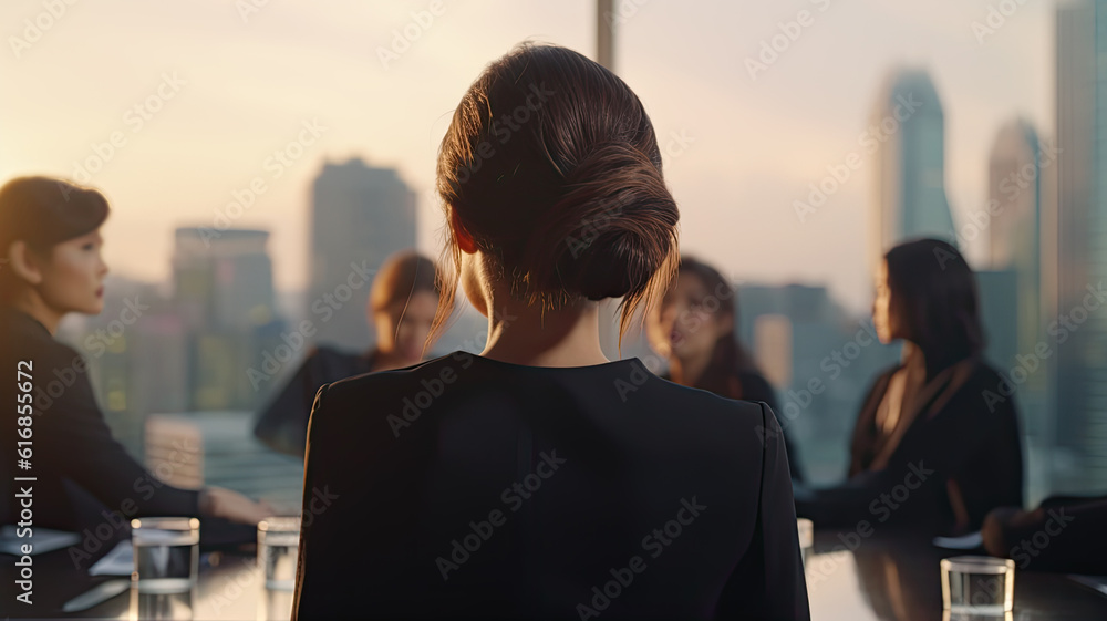 back view of women sitting apart at office table, she's working or ...