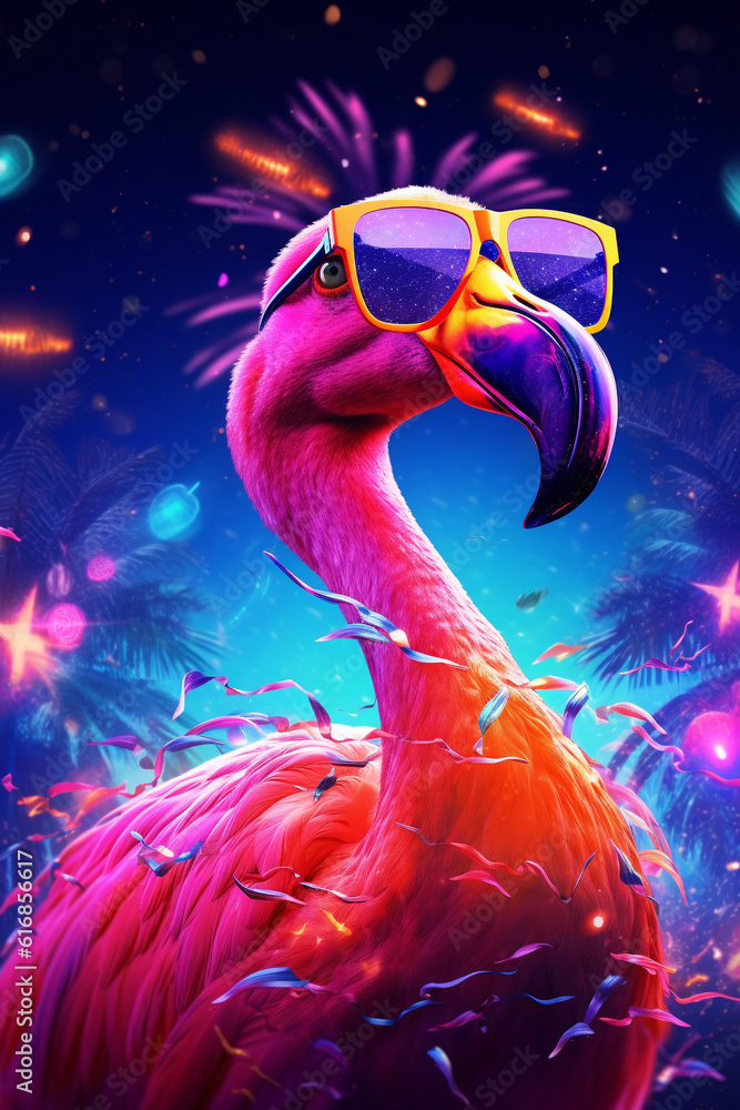 cooler crazy Flamingo Vogel mit Sonnenbrille und Konfetti in ...