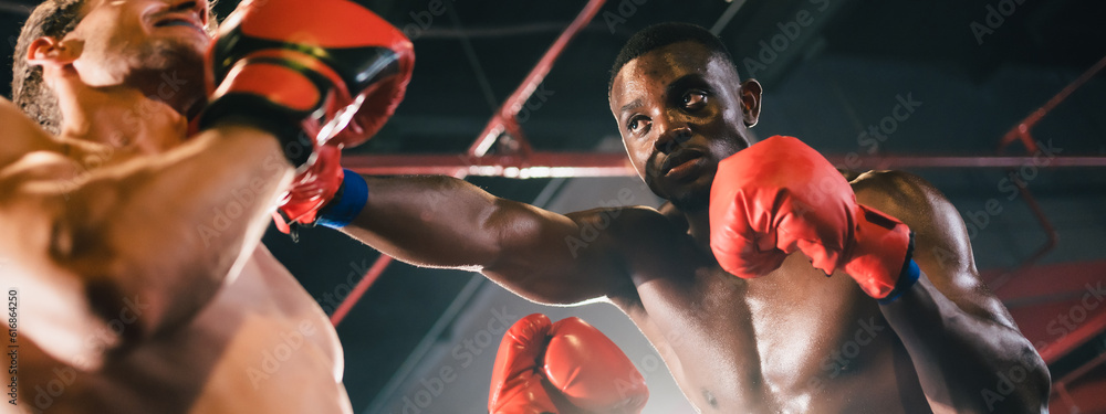 Gym atmosphere, Two professional fighters posing on the sport boxing ...