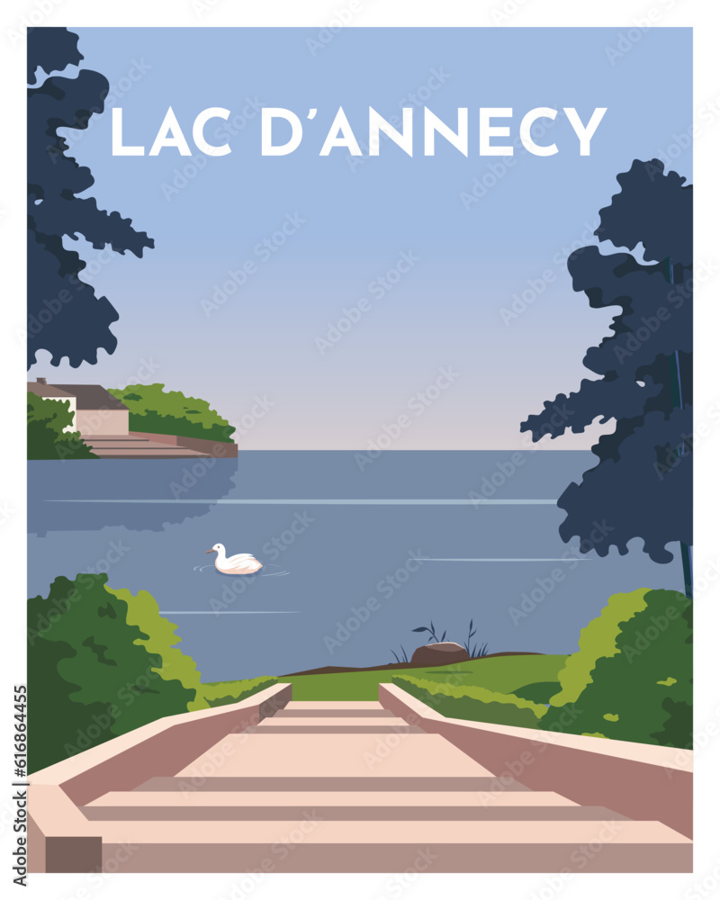 Travel poster of Annecy lake. vector illustration landscape background ...