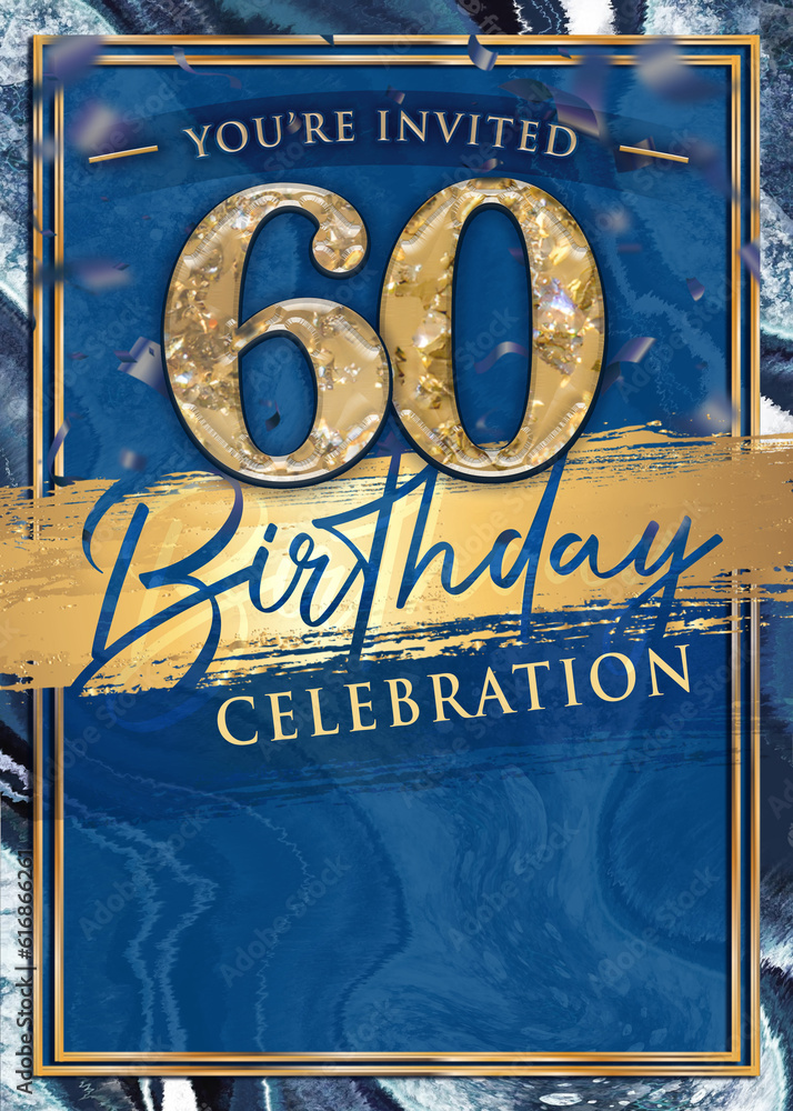 60th Blue and Gold Birthday Party Invitation Template Design Stock ...