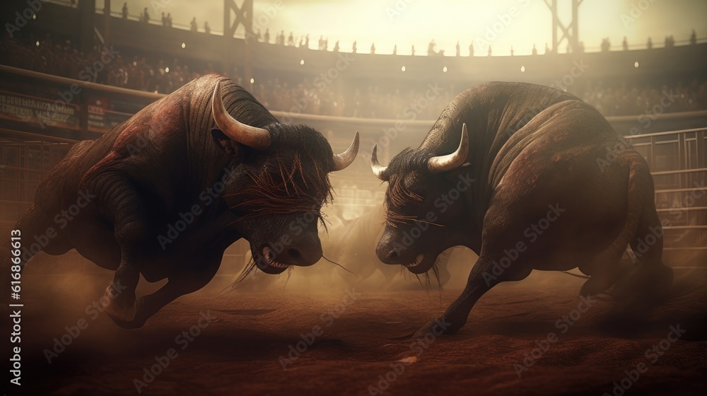 Two Black bulls fighter are fighting in arena Stock Illustration ...