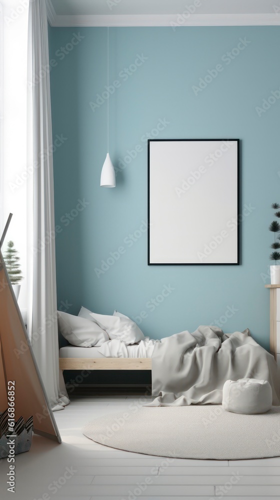 a blank canvas frame hanging above a bedroom baby girl in empty room ...