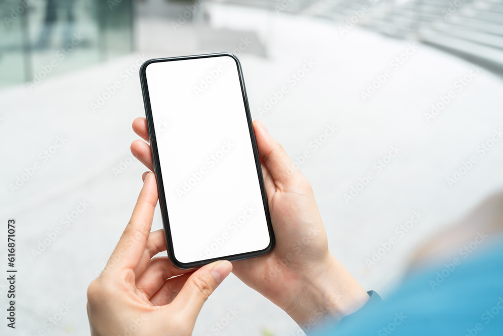 Hand holding smartphone mockup of blank screen, Take your screen to put ...