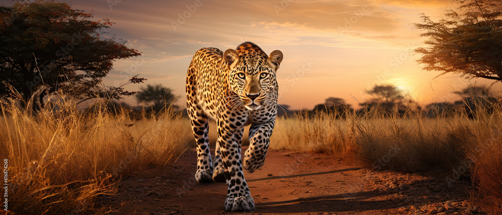 A majestic leopard hunting in the African savanna. This impressive ...