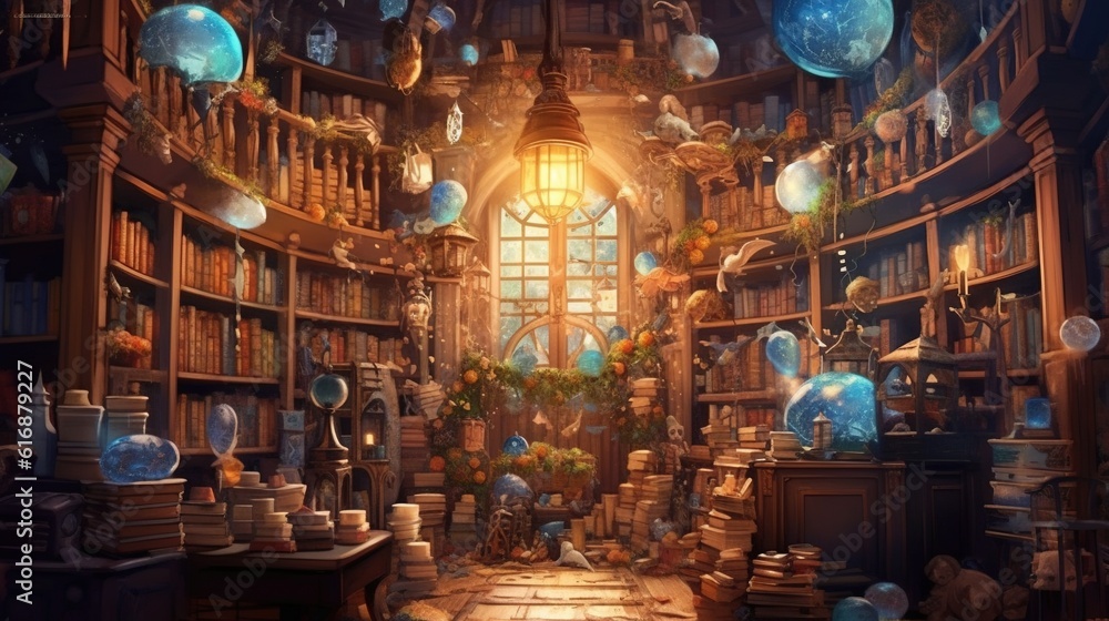 magical bookshelf, digital art illustration Stock Illustration | Adobe ...
