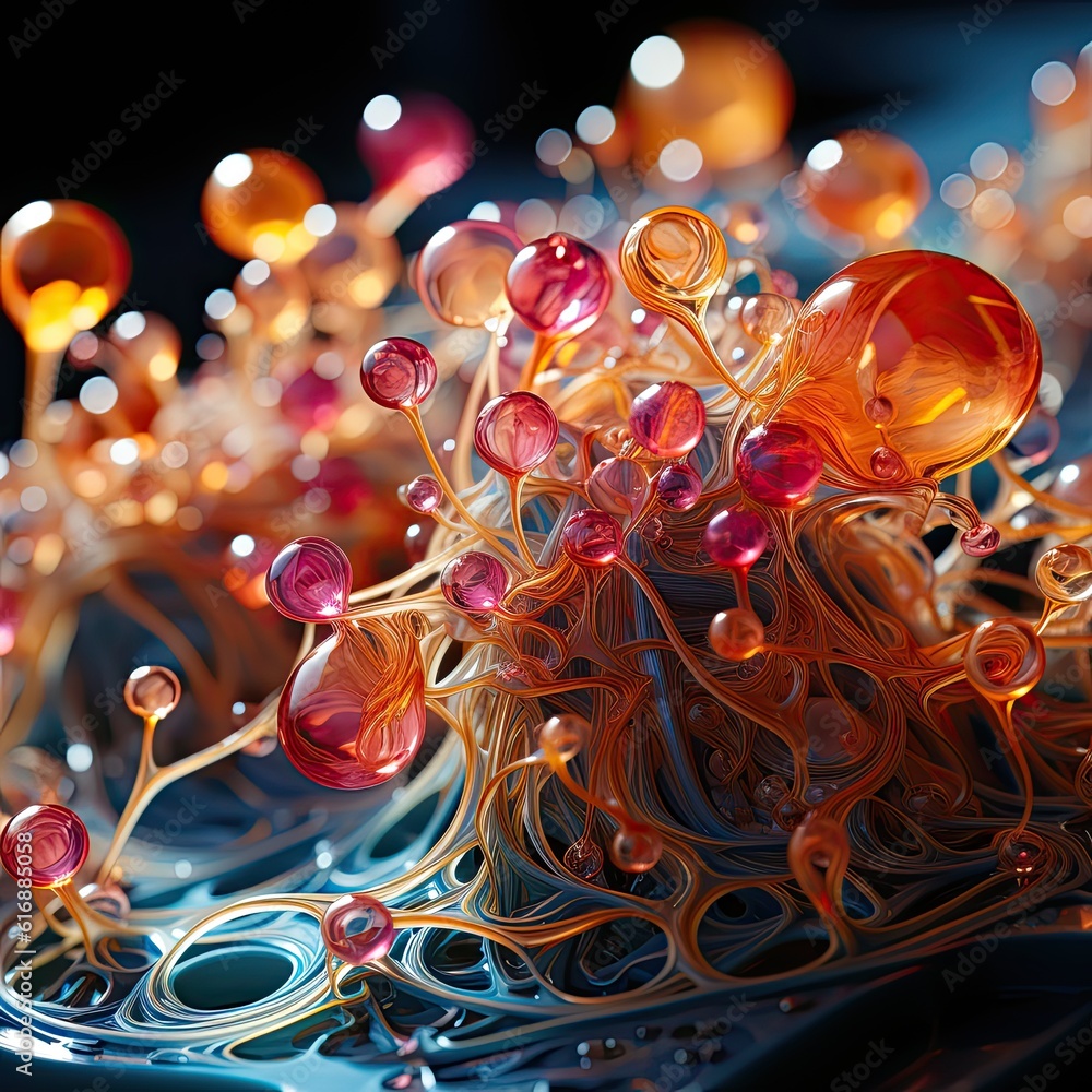 Electron microscope view of atoms and electrons forming organic shapes ...