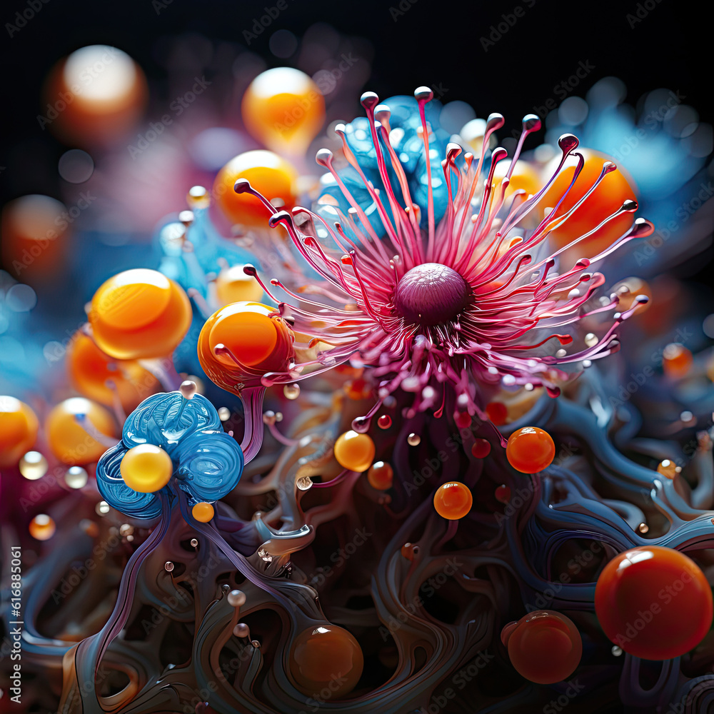 Electron microscope view of atoms and electrons forming organic shapes ...