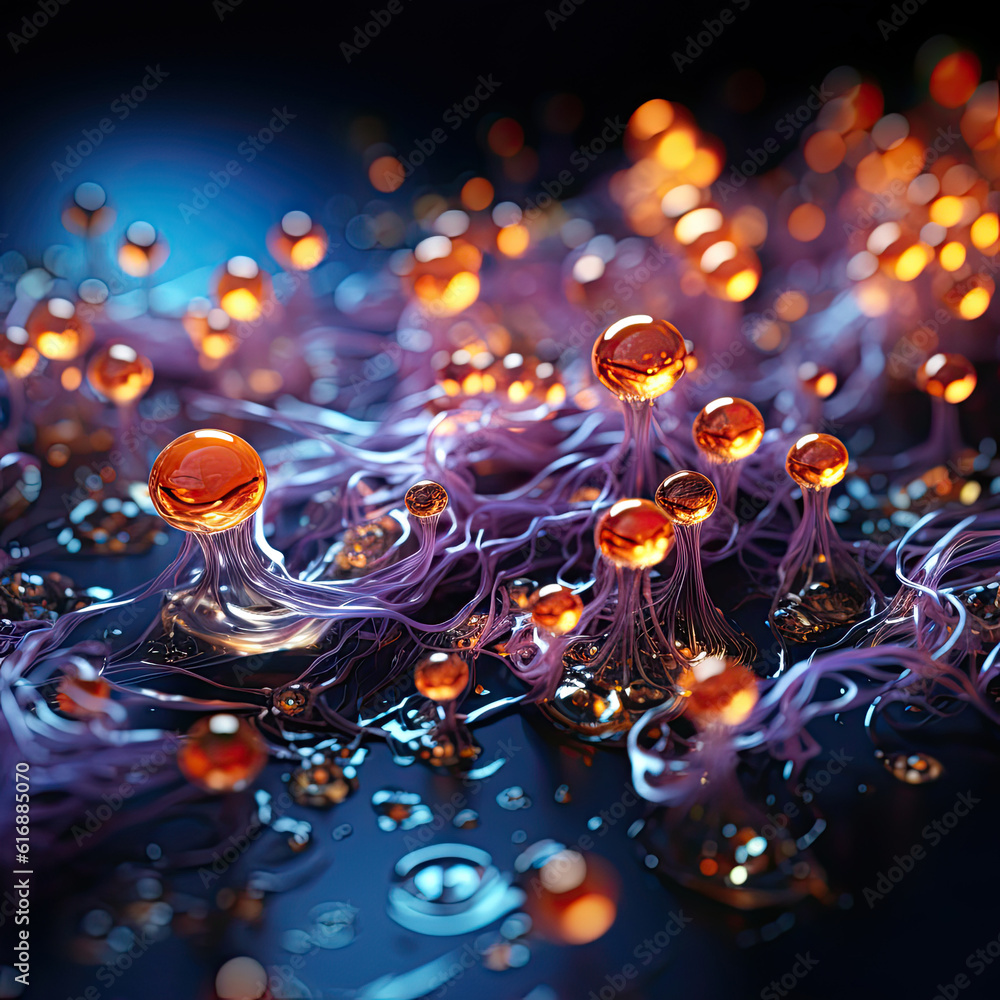 Electron microscope view of atoms and electrons forming organic shapes ...