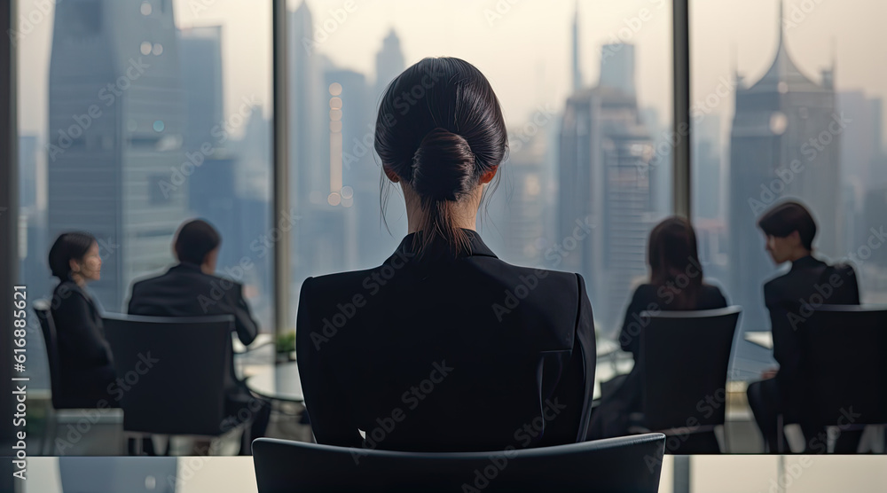back view of women sitting apart at office table, she's working or ...