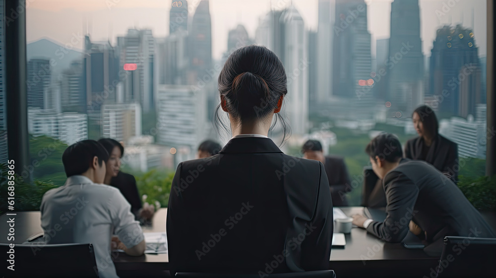 back view of women sitting apart at office table, she's working or ...
