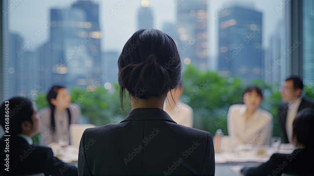 back view of women sitting apart at office table, she's working or ...