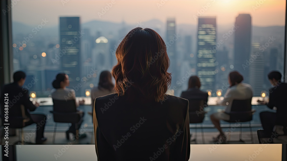 back view of women sitting apart at office table, she's working or ...