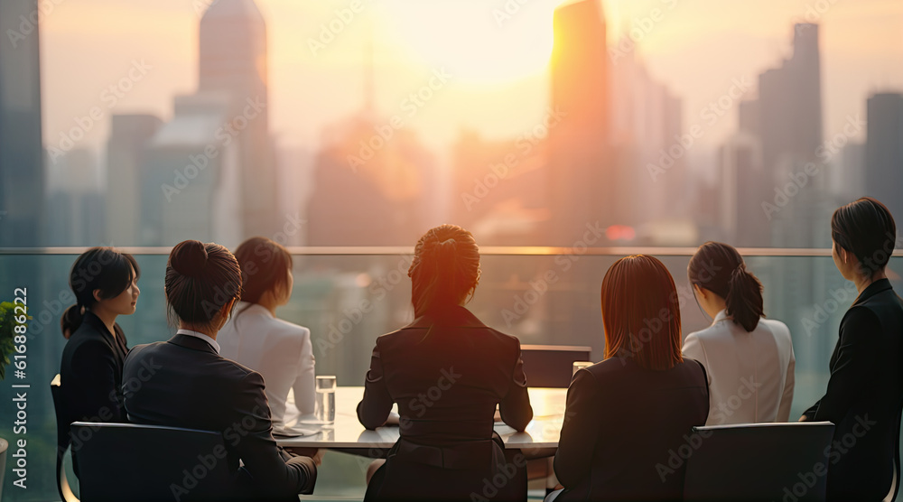 back view of women sitting apart at office table, she's working or ...