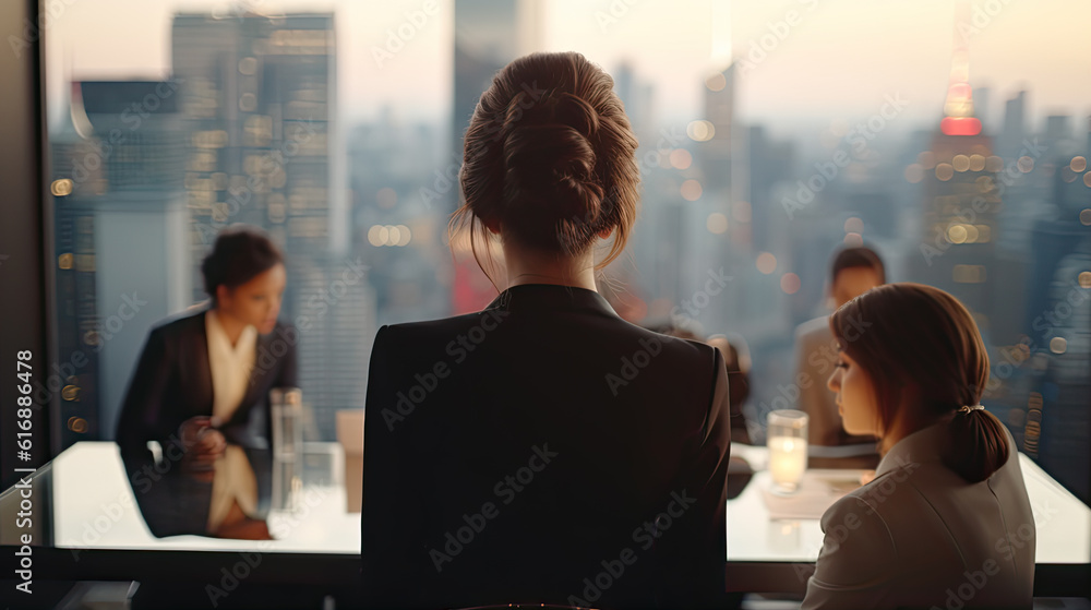 back view of women sitting apart at office table, she's working or ...