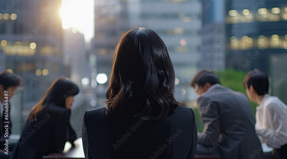 back view of women sitting apart at office table, she's working or ...