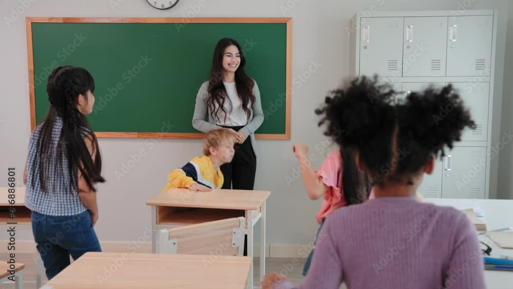 Elementary students finished study very rush leave classroom at school ...