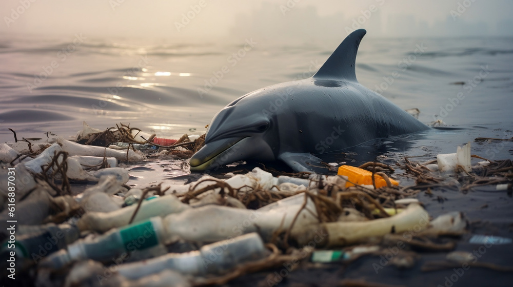 Dolphin amidst ocean contamination, water bottles, raising awareness ...