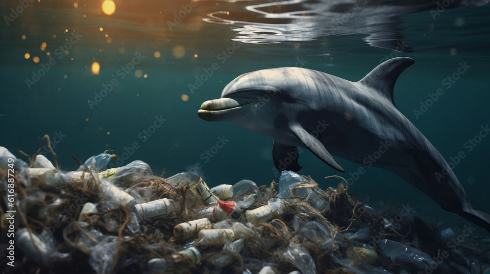 Dolphin amidst ocean contamination, water bottles, raising awareness ...