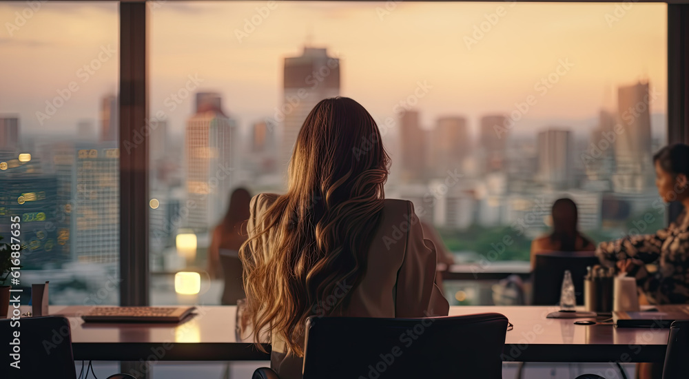 back view of women sitting apart at office table, she's working or ...