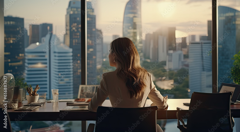 back view of women sitting apart at office table, she's working or ...