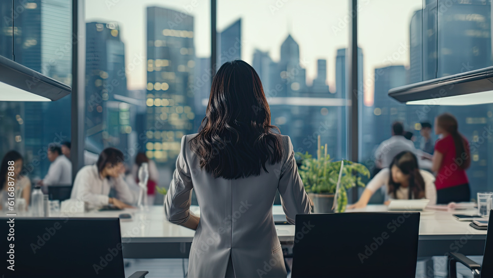 back view of women sitting apart at office table, she's working or ...