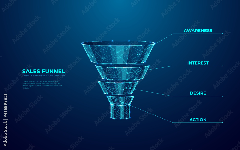 Digital Social Media Sales Funnel in blue technological polygons on ...