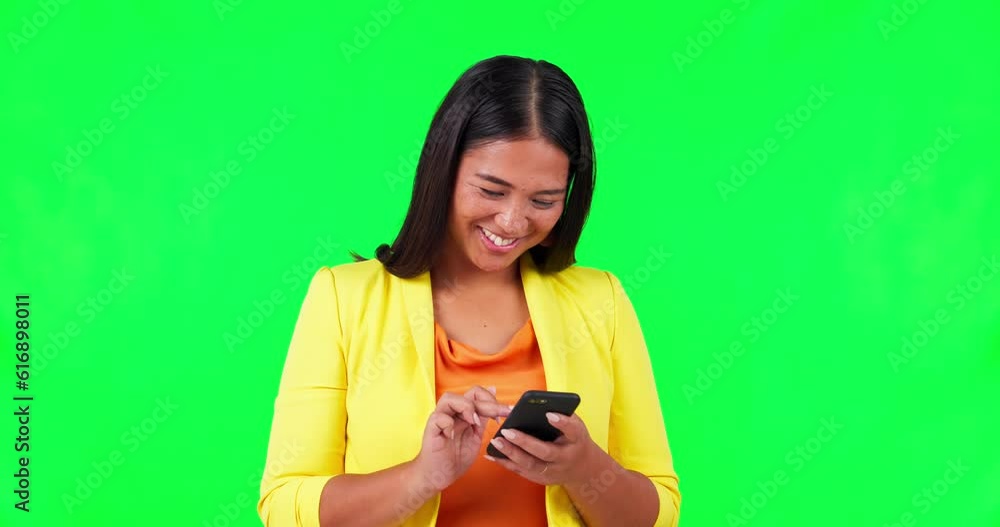 Typing, green screen and happy woman laughing with phone for joke ...